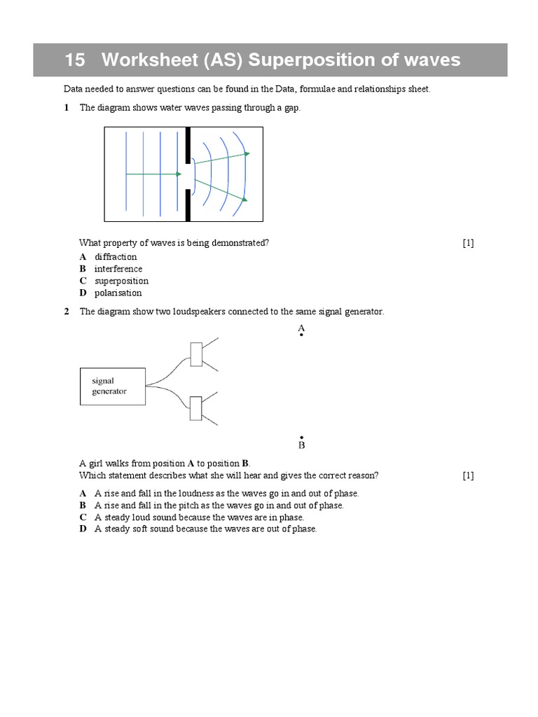 15 Worksheet (AS) Superposition of Waves | PDF | Diffraction | Electromagnetic Radiation