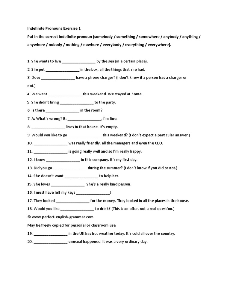 Indefinite Pronouns Exercise Worksheet | PDF | Foreign Language Studies ...