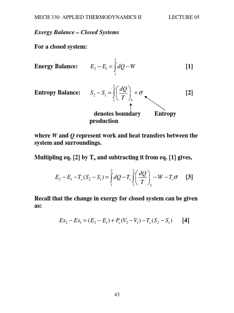 Exergy Balance - Closed Systems: E E DQW DQ S S T | PDF | Exergy | Heat
