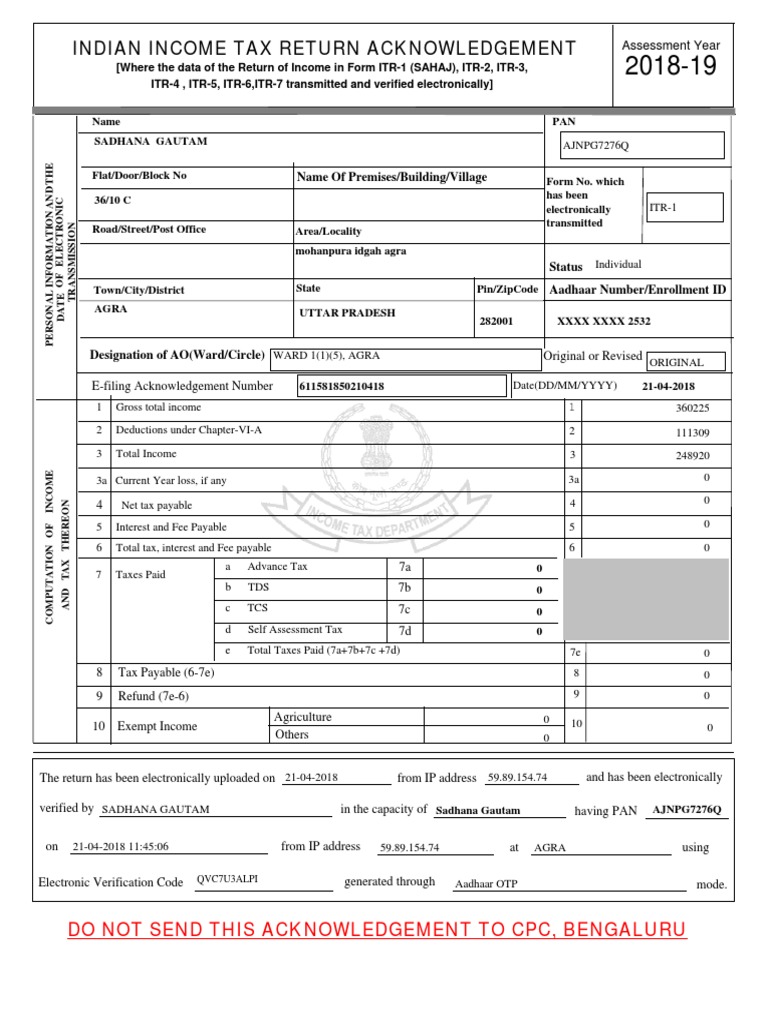 Indian Income Tax Return Acknowledgement: Name of Premises/Building ...