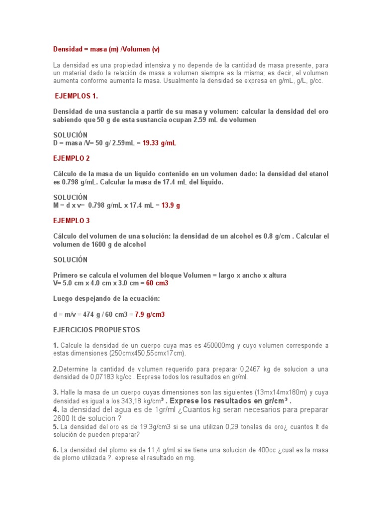 Taller de Densidad Grado 6° | PDF