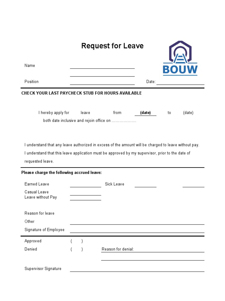 Request For Leave: Check Your Last Paycheck Stub For Hours Available | PDF