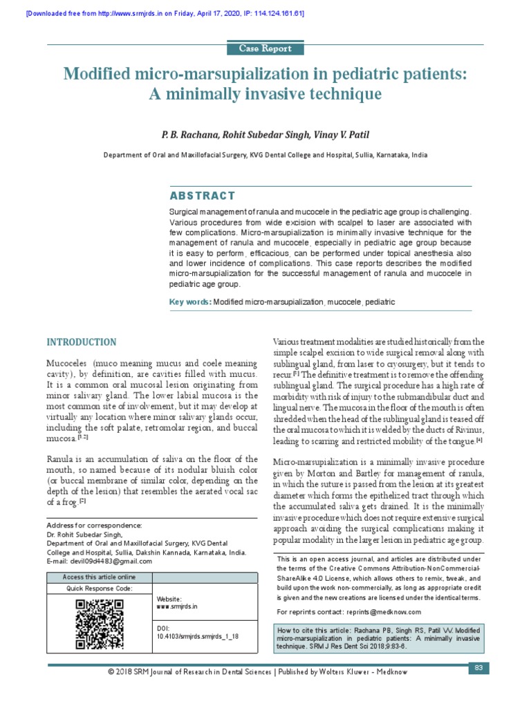 Modified Micro Marsupialization in Pediatric Patients: A Minimally ...