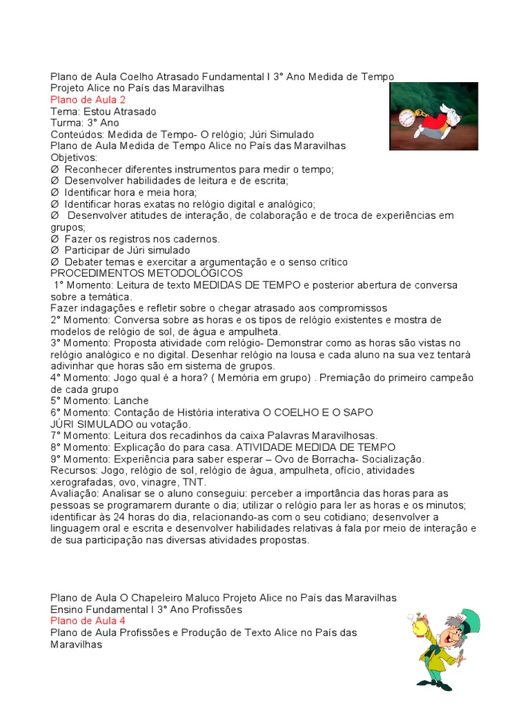 Plano de Aula Alice | PDF | Alice no País das Maravilhas | Tempo