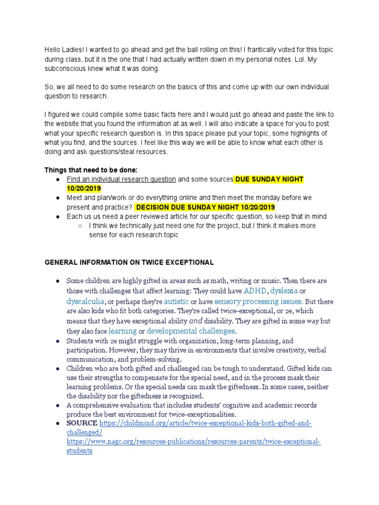 Twice Exceptional Outline | PDF | Intellectual Giftedness | Self Concept