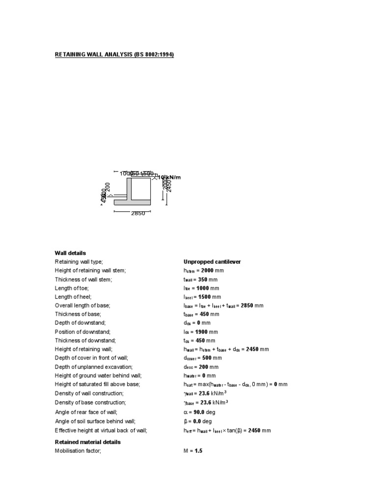 Retaining Wall Analysis (Bs 8002:1994) | PDF | Shear Stress | Concrete