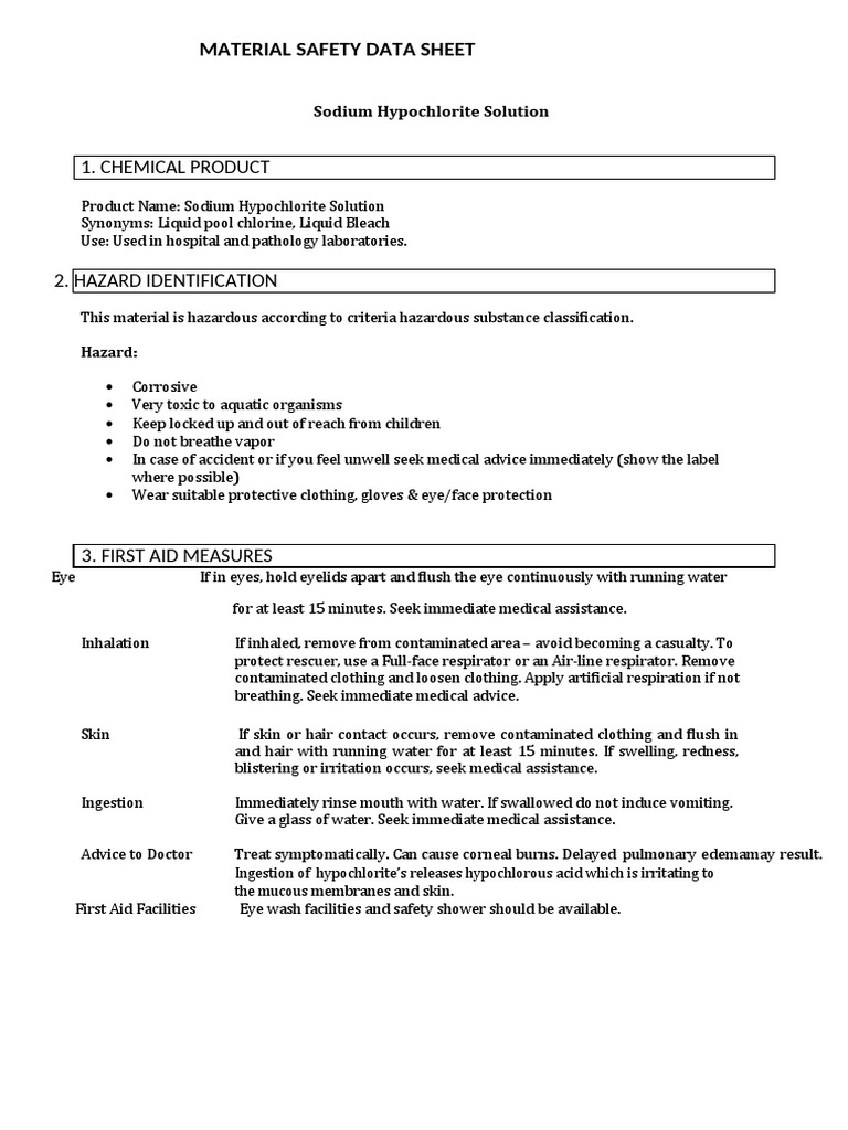 Sodium Hypochlorite MSDS Overview | PDF | Water | Chemistry