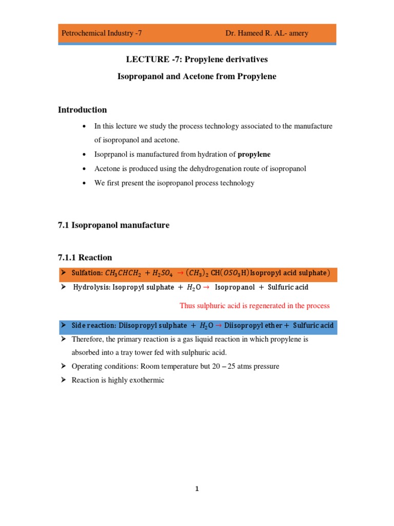 LECTURE - 7: Propylene Derivatives Isopropanol and Acetone From Propylene | PDF | Distillation ...