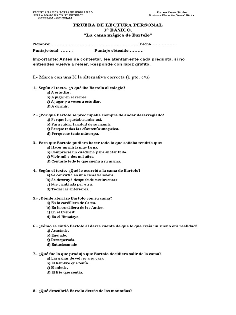 Prueba de Lectura La Cama Mágica de Bartolo | PDF | Violencia | Deportes
