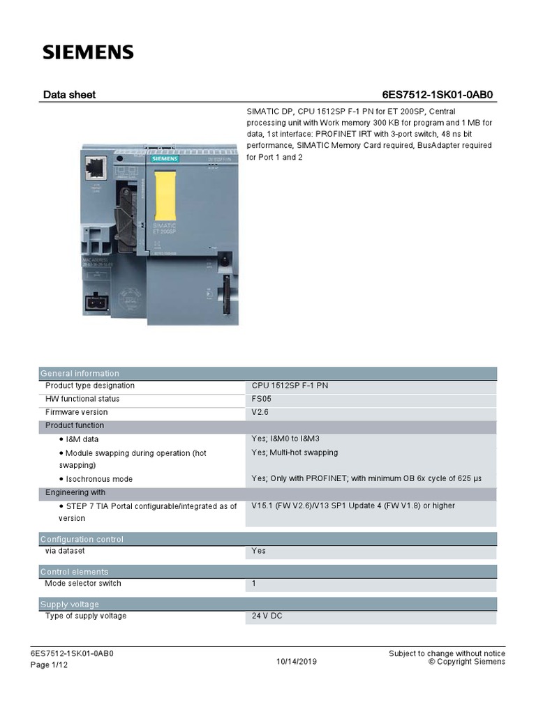 Data Sheet 6ES7512-1SK01-0AB0: General Information | PDF | Computer Engineering | Telecommunications