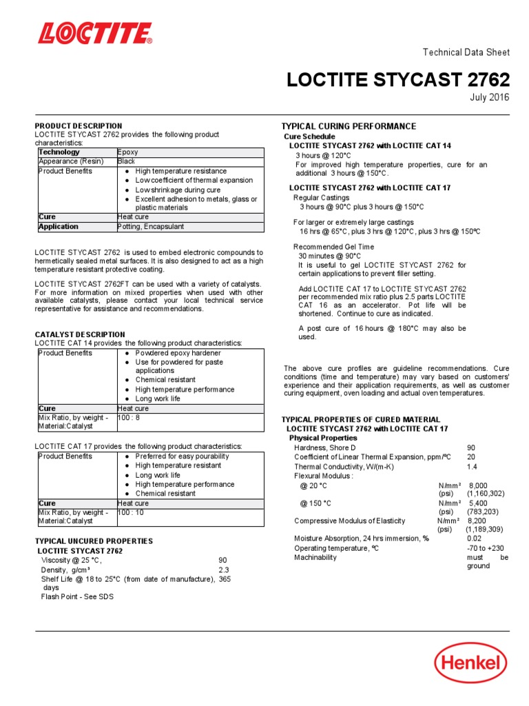 Loctite Stycast 2762: Technical Data Sheet | PDF | Epoxy | Applied And ...