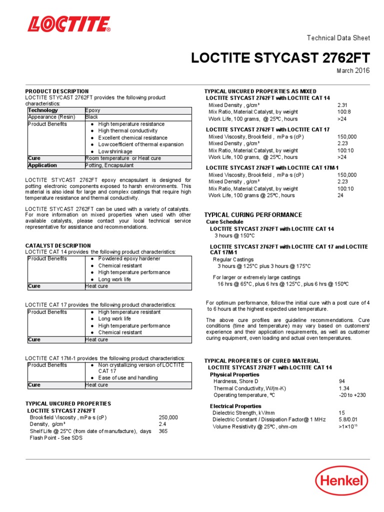 Loctite Stycast 2762Ft: Technical Data Sheet | PDF | Epoxy | Electrical ...