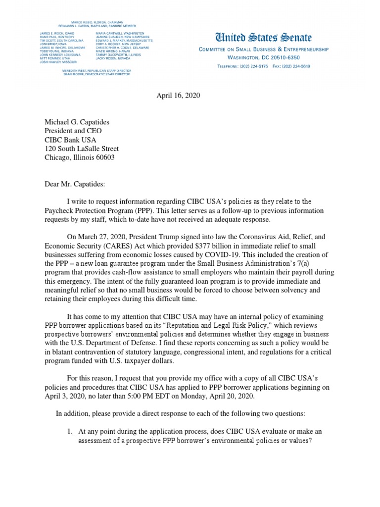 Sen. Rubio's Letter To CIBC Bank | PDF | Public–Private Partnership ...