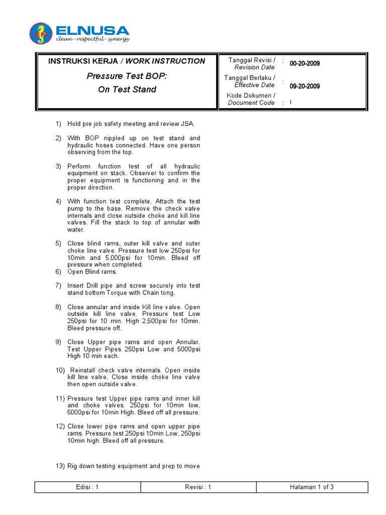 Pressure Test BOP: On Test Stand: Instruksi Kerja / Work Instruction ...