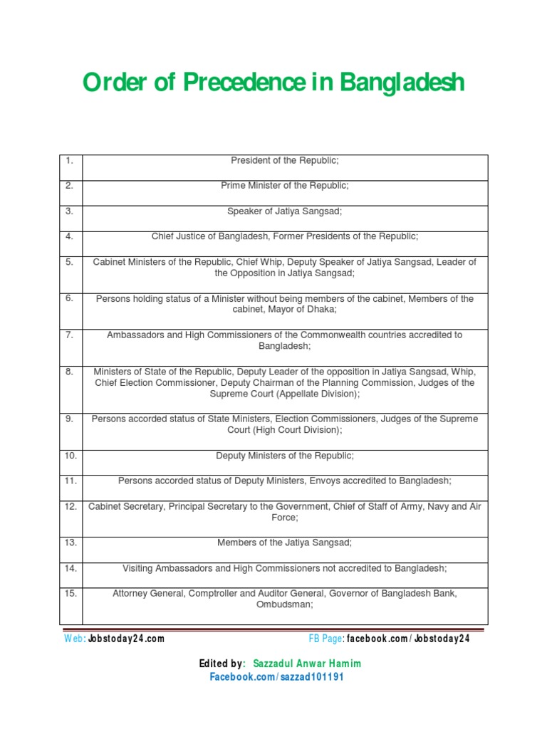 Order of Precedence in Bangladesh | PDF | Inspector | Commissioner