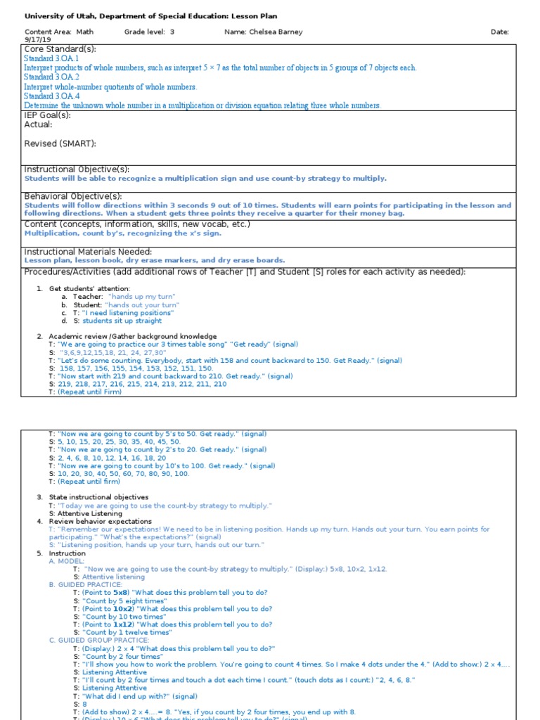 Content Area: Math Grade Level: 3 Name: Chelsea Barney Date: 9/17/19 ...