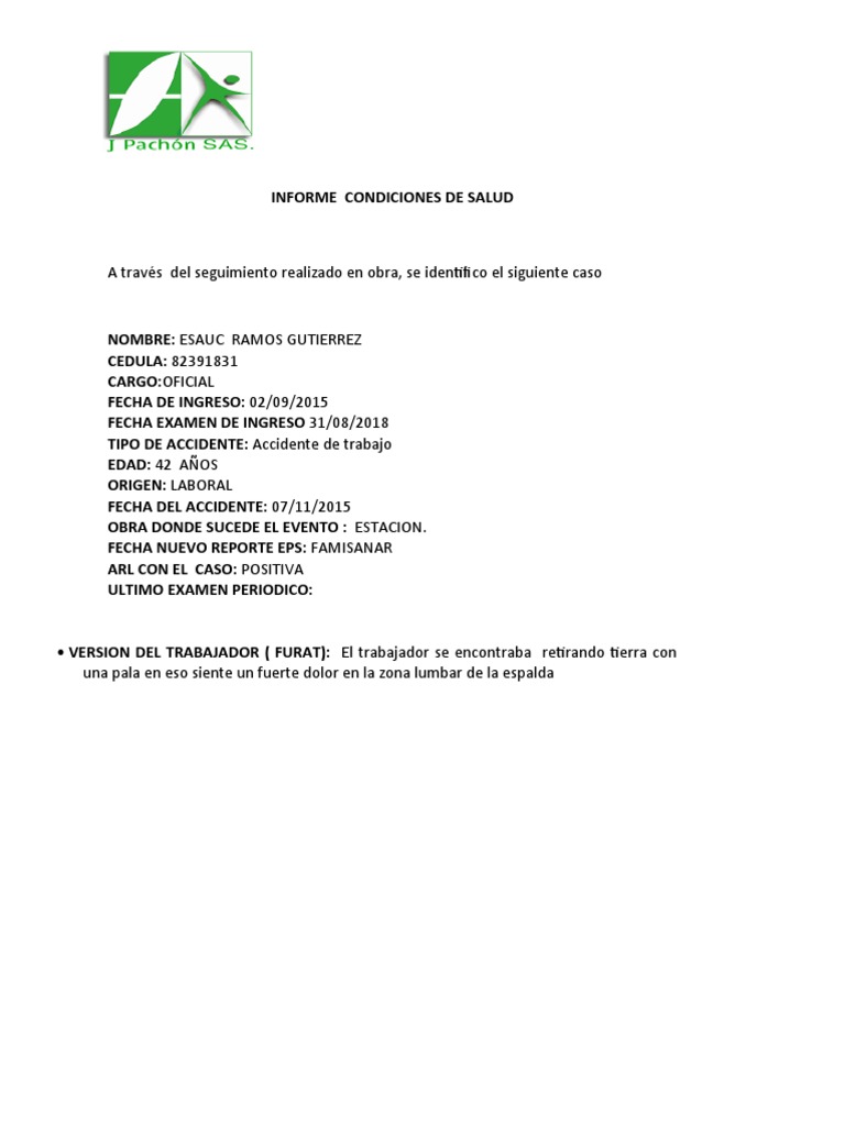 Informe Condiciones de Salud Esauc | PDF | Dolor lumbar | Cuidado de la ...