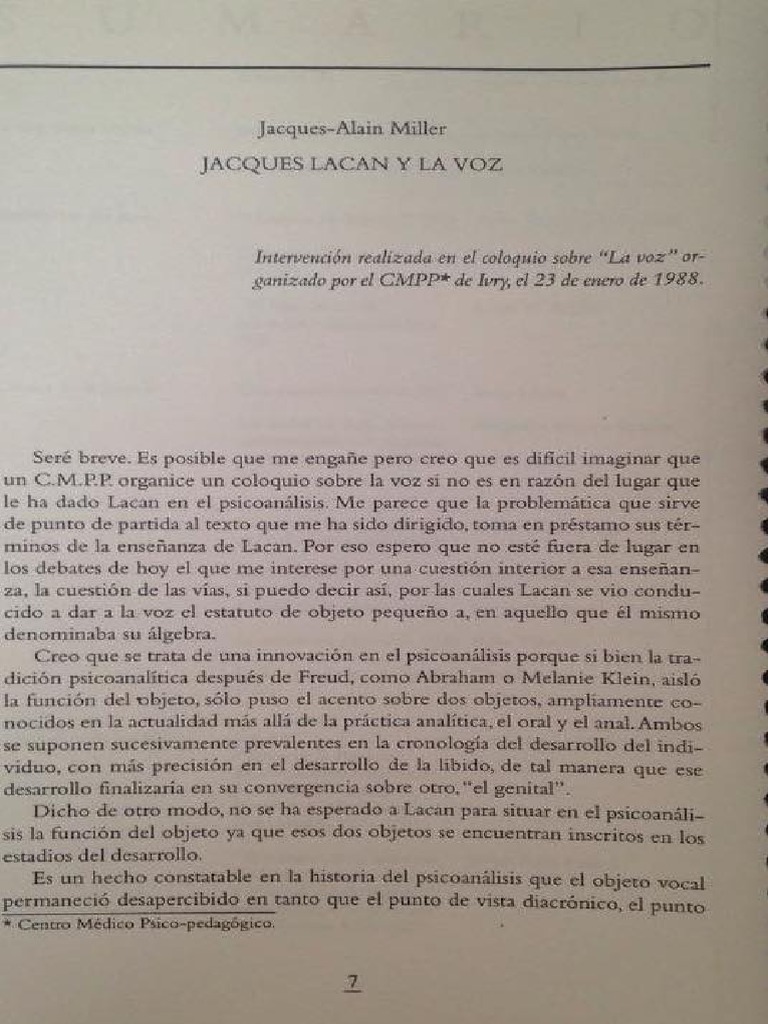 Jacques Lacan y La Voz (Jacques-Alain Miller) PDF | PDF