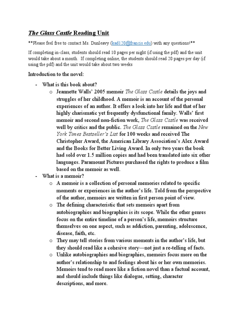 The Glass Castle Reading Unit - Online | PDF