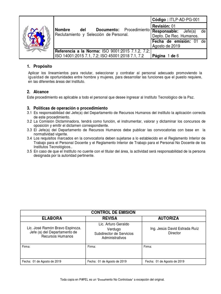 ITLP AD PG 001 - Recl - Personal | PDF | Reclutamiento | Prueba (evaluación)