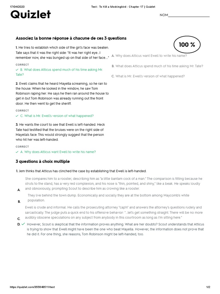 Test - To Kill A Mockingbird - Chapter 17 - Quizlet PDF | PDF | To Kill ...