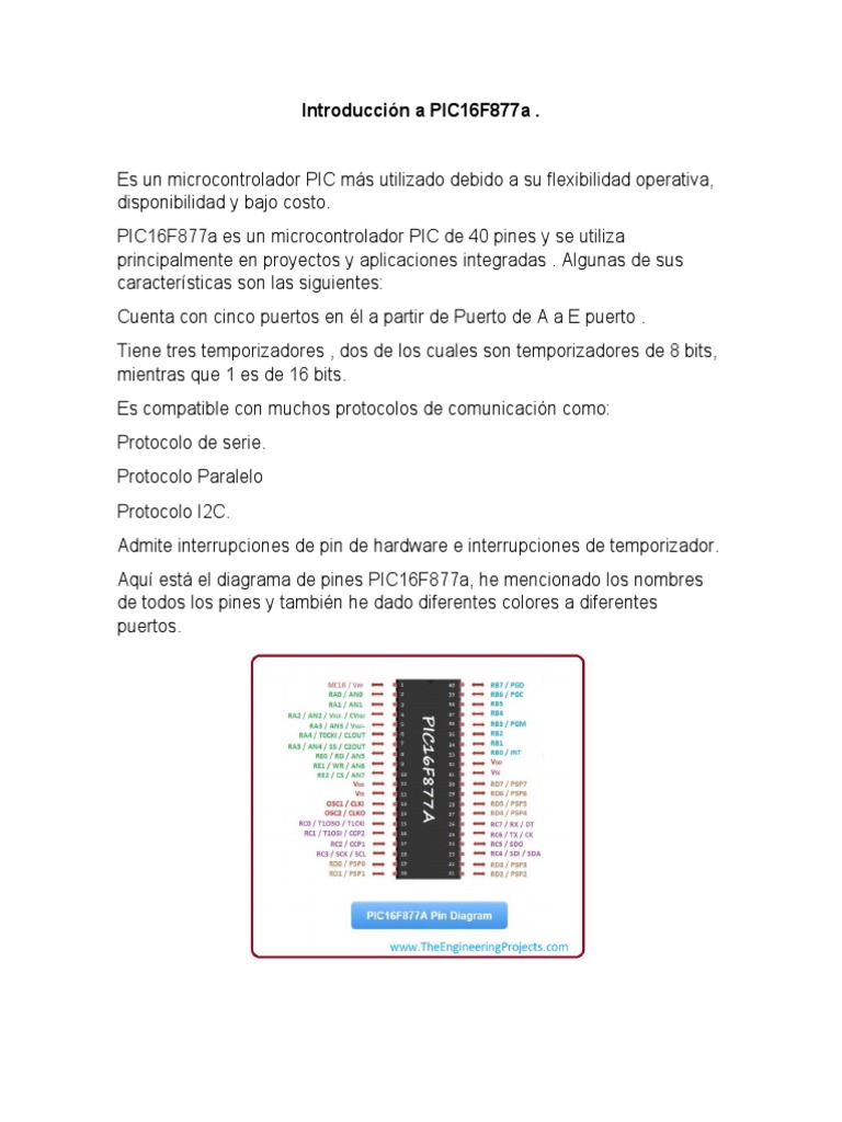 Introducción A PIC16F877a | Descargar gratis PDF | Microcontrolador | Ingenieria Eléctrica