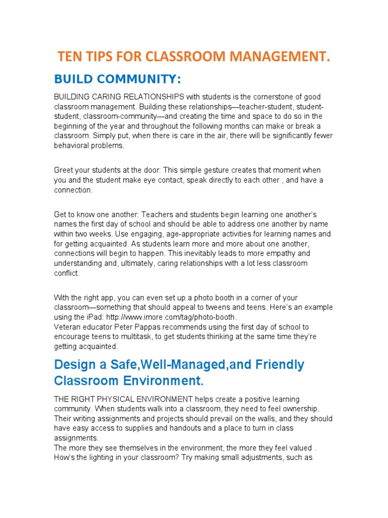 Ten Tips For Classroom Management | PDF | Classroom Management | Classroom