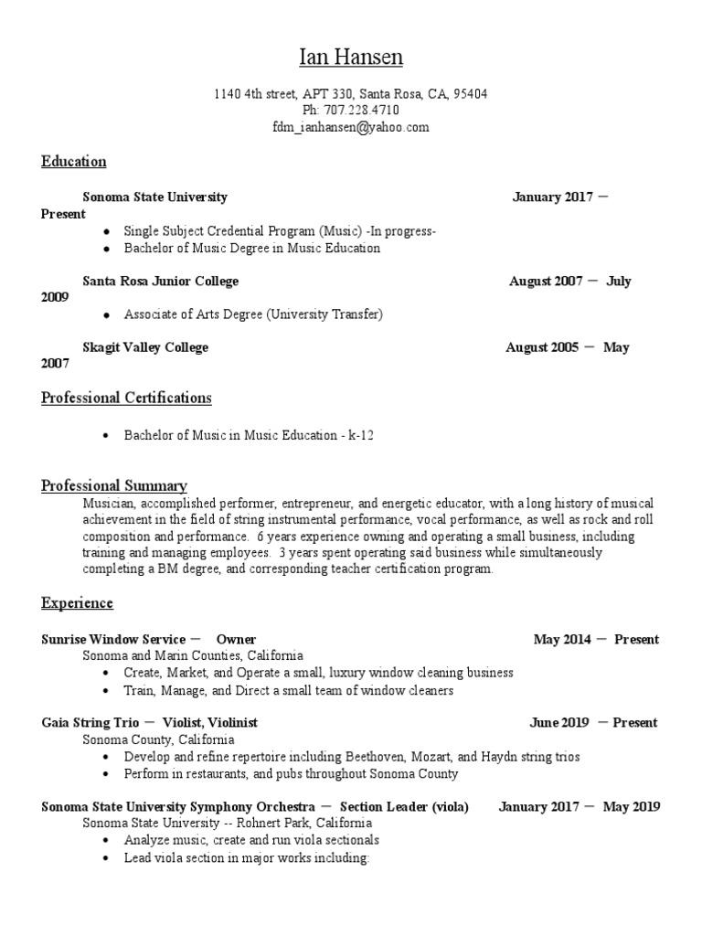Ian Hansen Resume 2020 | PDF | Quartet | Viola