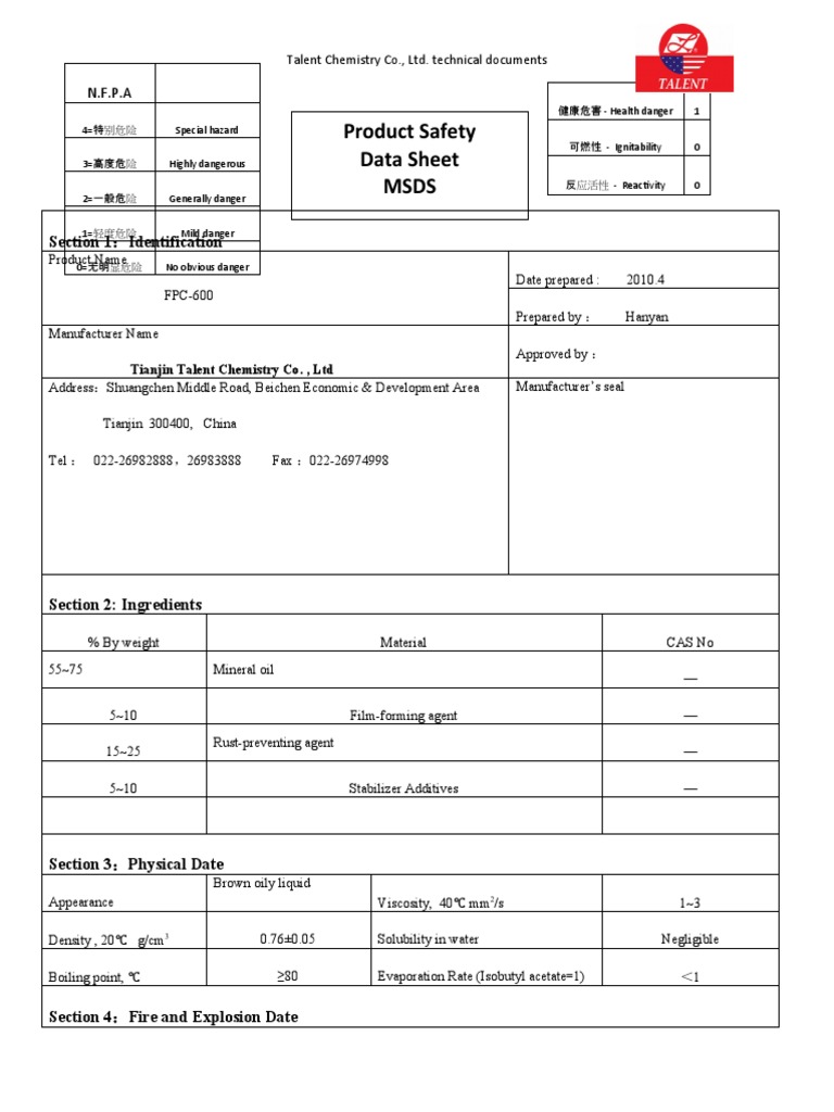 FPC-600 Product Safety Data Sheet | PDF | Fires | Occupational Safety ...