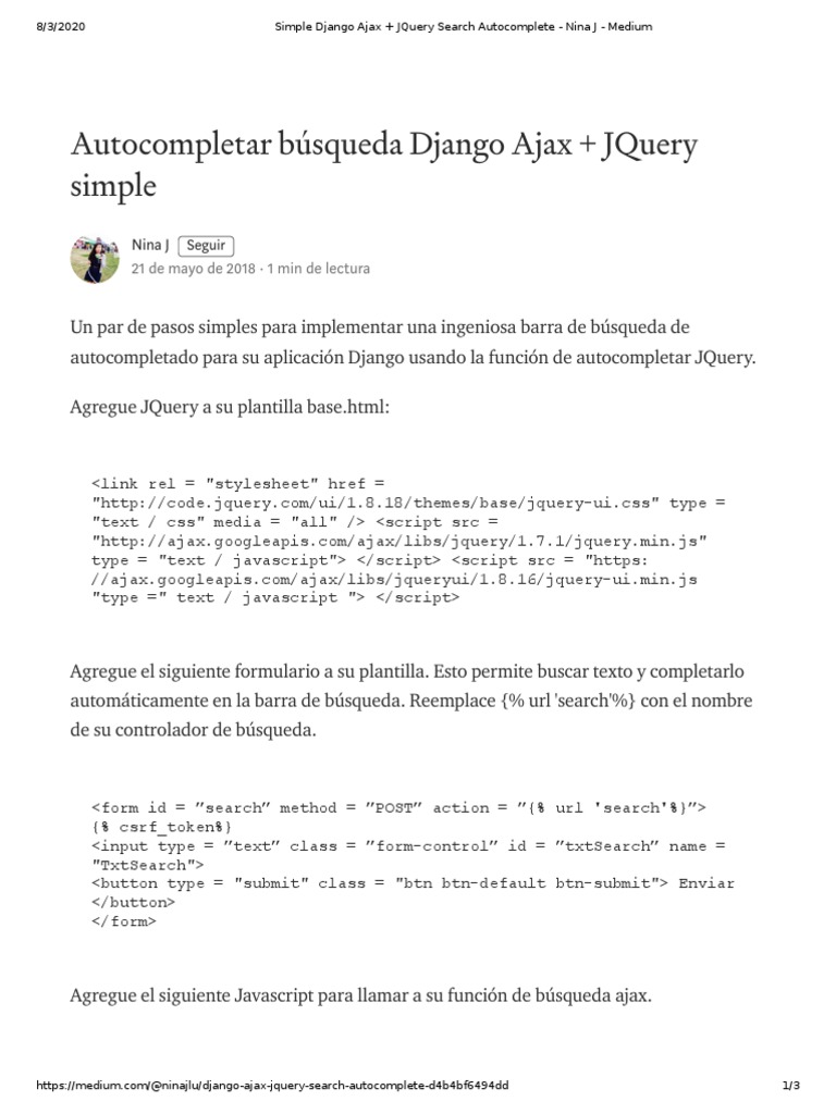 Simple Django Ajax + JQuery Search Autocomplete - Nina J - Medium | PDF | Ajax (Programming) | J ...