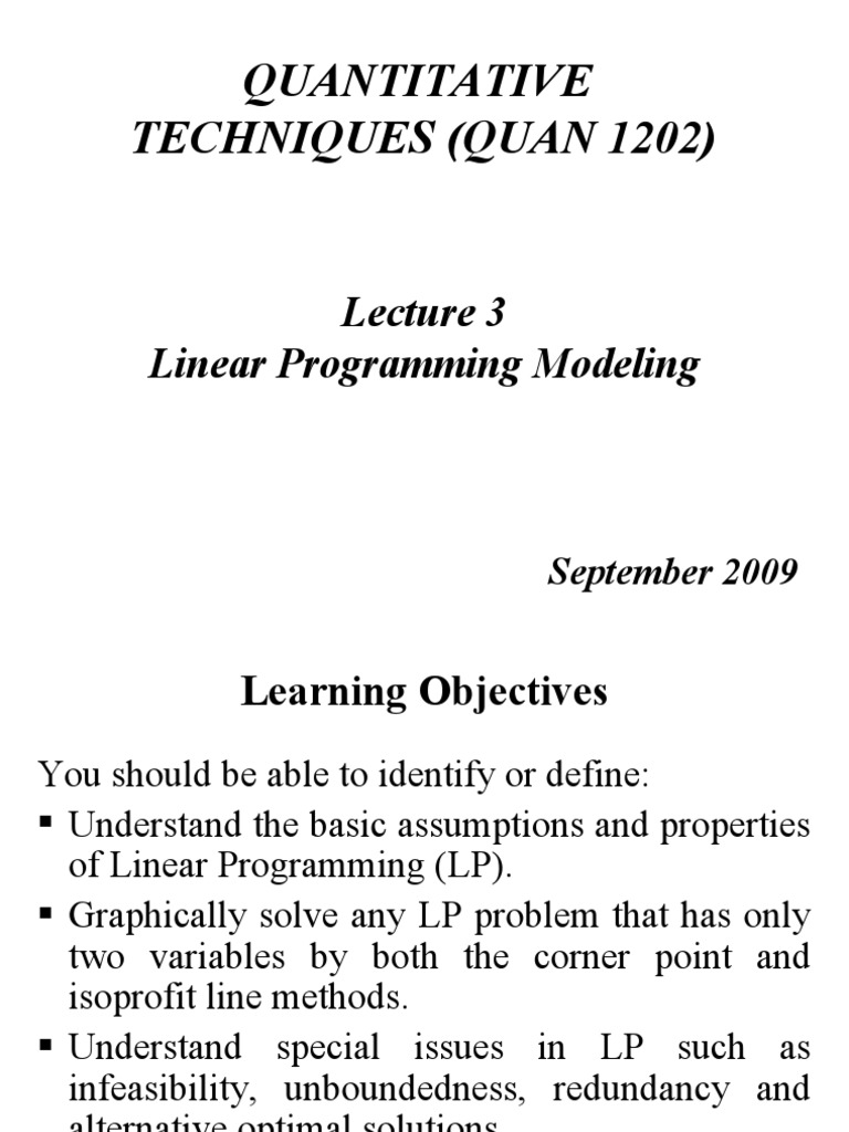 Quantitative Techniques (Quan 1202) : Linear Programming Modeling | PDF ...