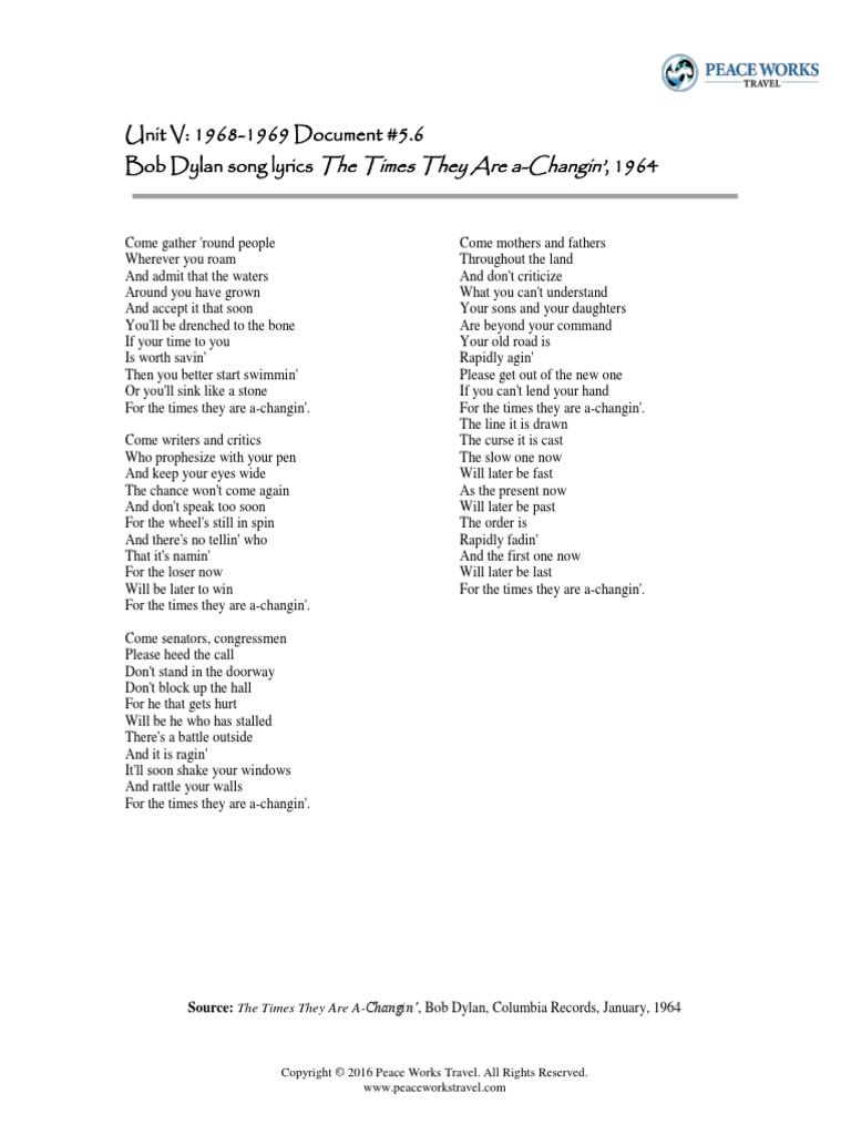 Unit V: 1968-1969 Document #5.6 Bob Dylan Song Lyrics, 1964 | PDF