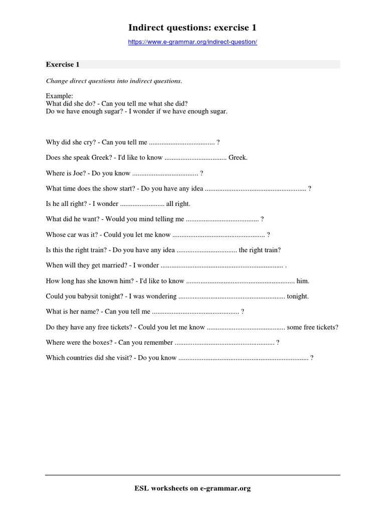 Indirect Questions Exercise Worksheet | PDF