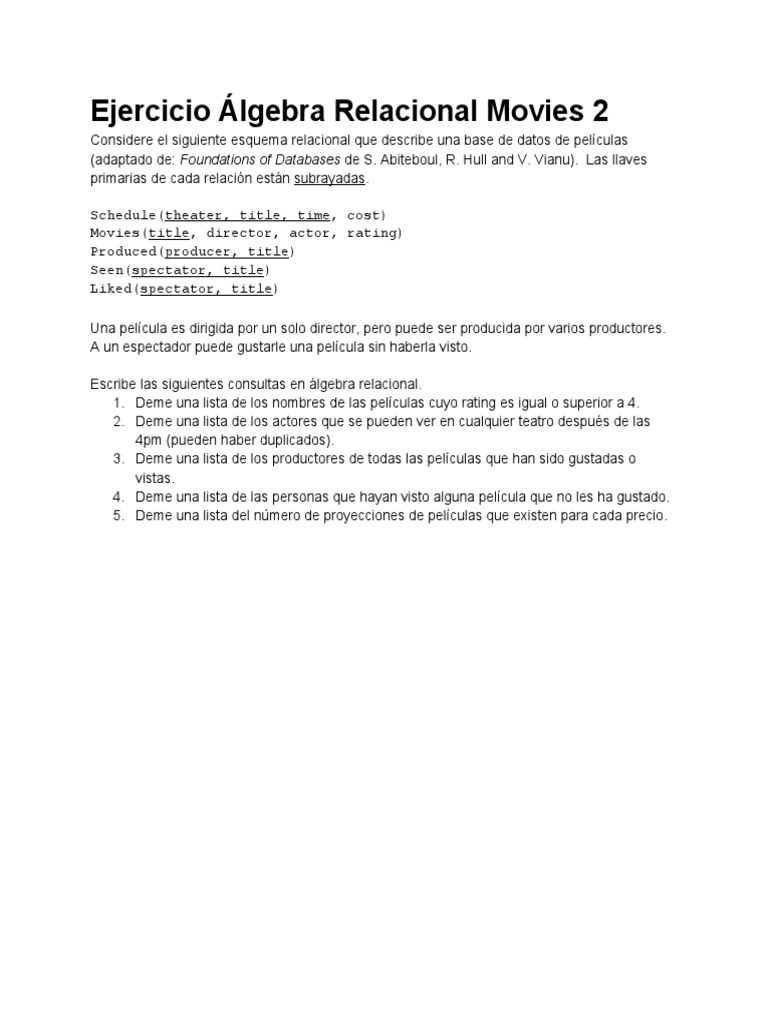 Movies Relational Algebra Exercise 2 | PDF