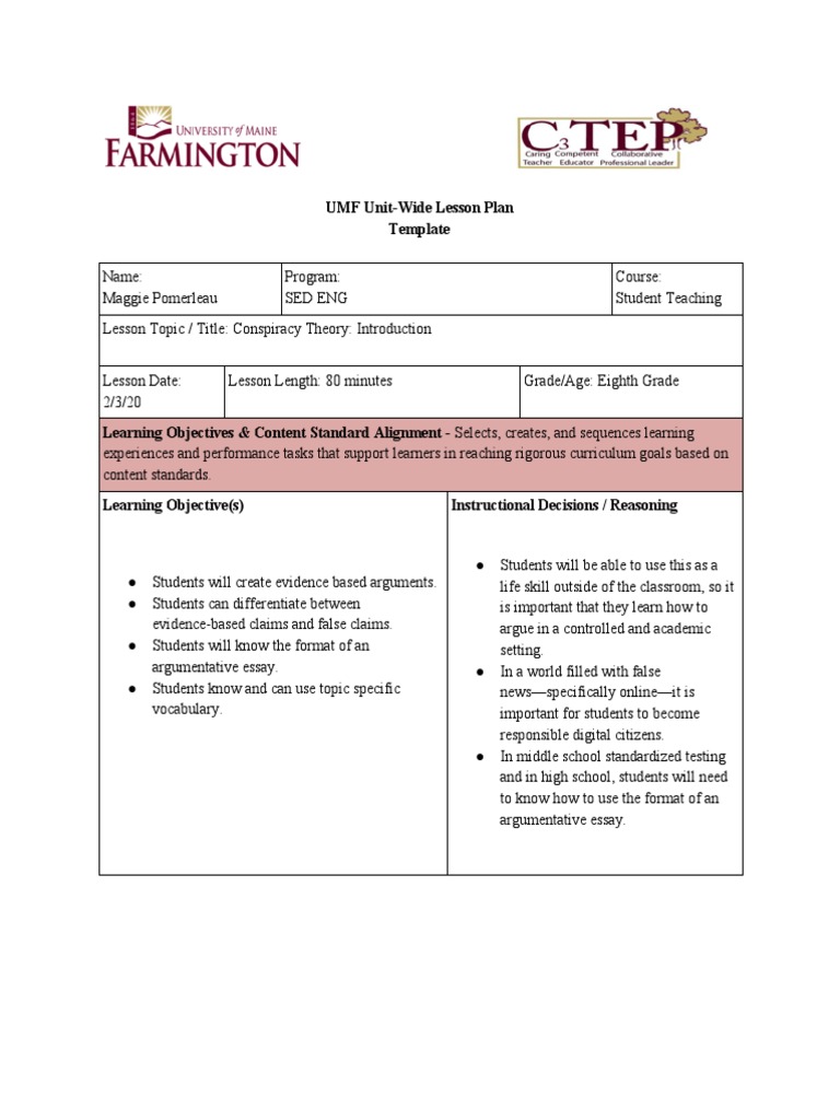 UMF Unit-Wide Lesson Plan Template | PDF | Pedagogy | Learning