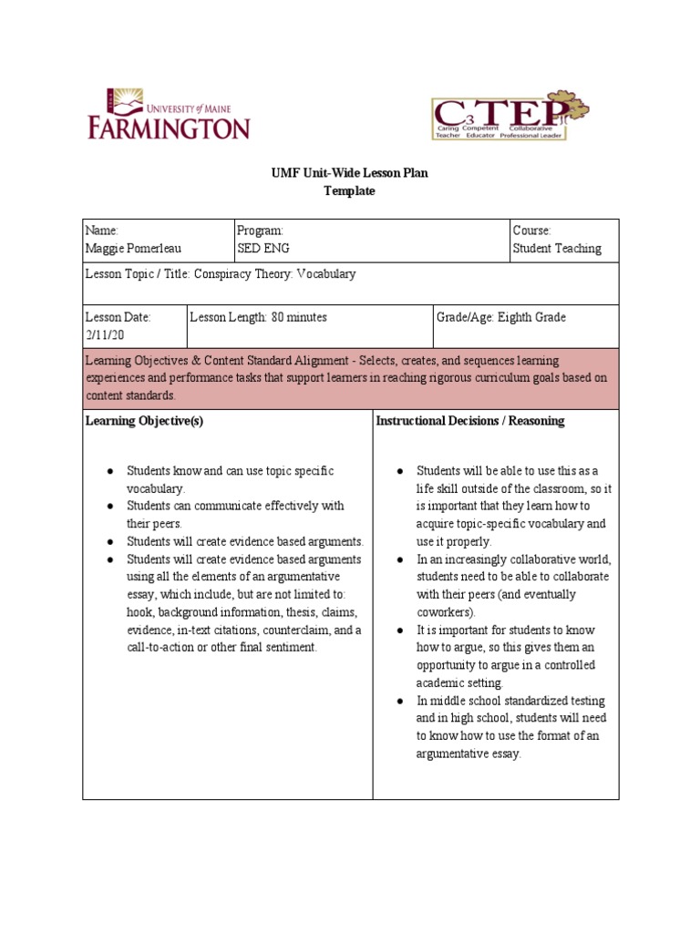 UMF Unit-Wide Lesson Plan Template | PDF | Vocabulary | Educational ...