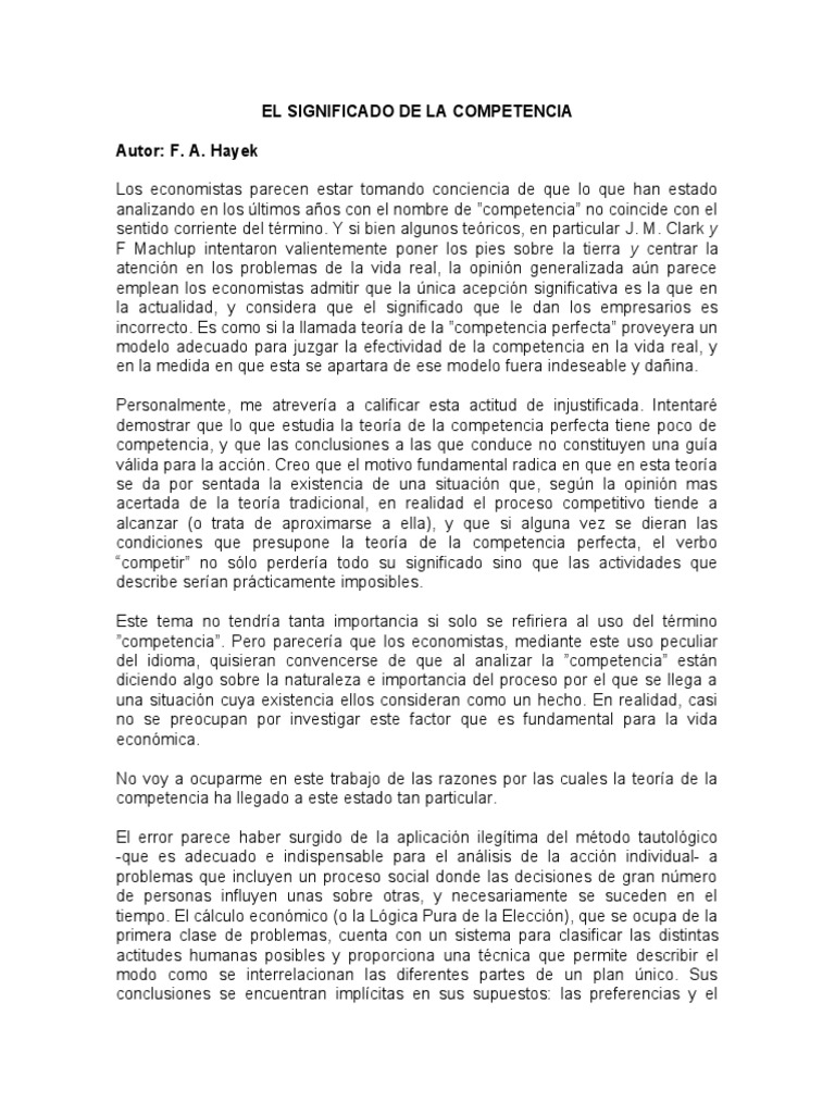 El Significado de La Competencia. F. V. Hayek | PDF | Mercado (economía ...
