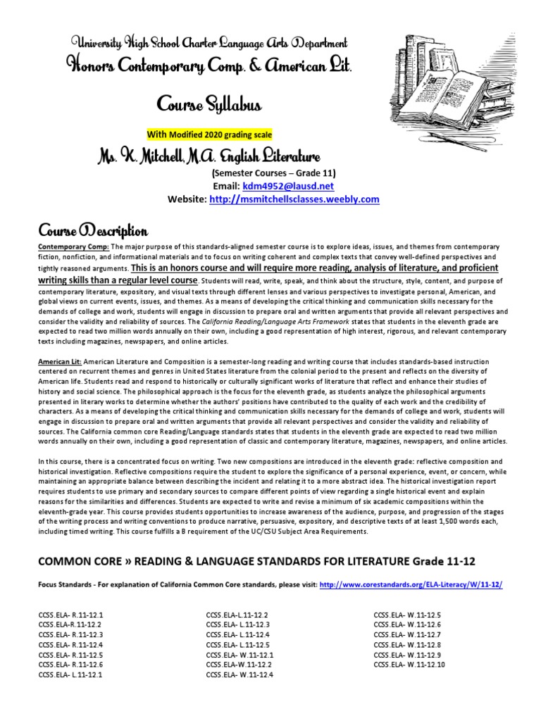 Current Honors Contemporary Composition and American Lit Course Syllabus With Modified 2020 ...