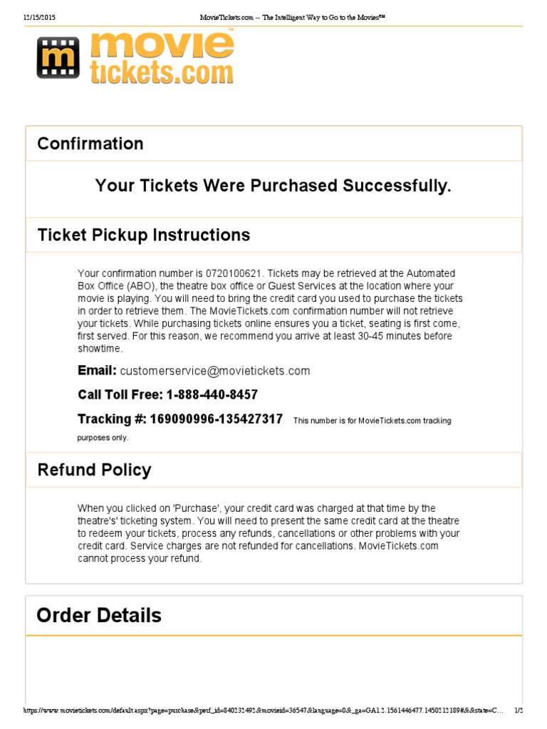 Confirmation Your Tickets Were Purchased Successfully. Ticket Pickup ...