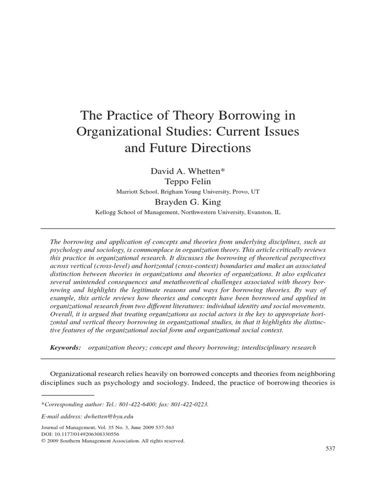Whetten Et Al. (2009) Theory Borrowing in Organizational Studies | PDF ...