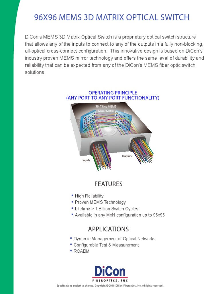 96X96 Mems 3D Matrix Optical Switch: Features | PDF | Optical Fiber ...