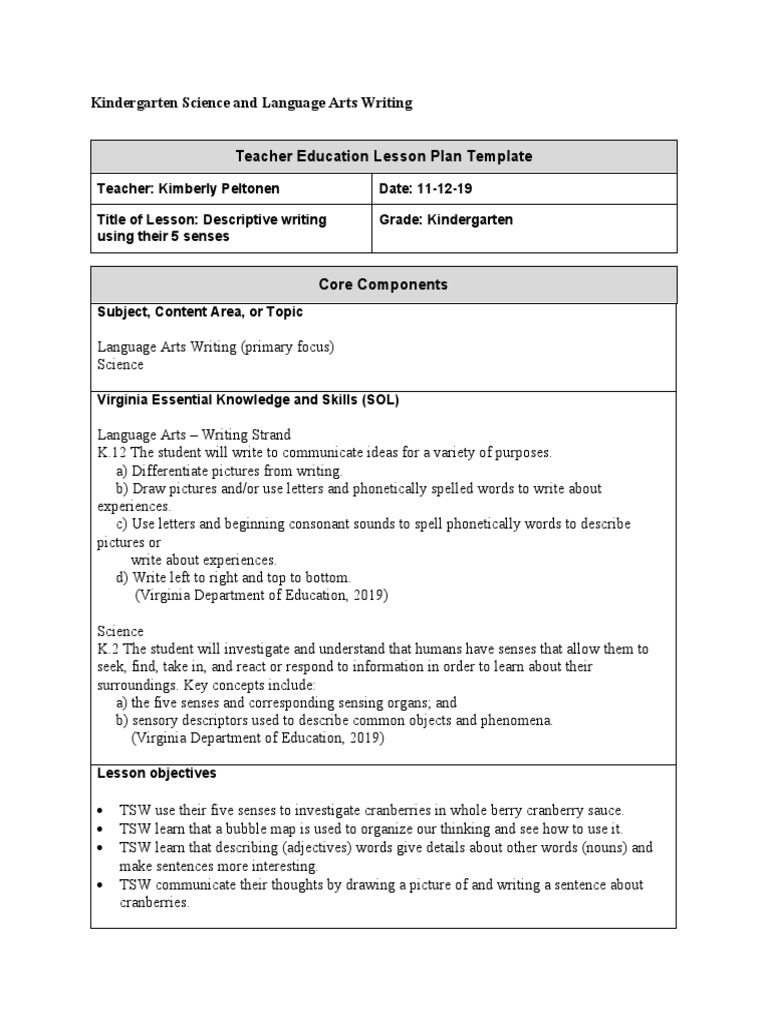 Artifact - Kindergarten Science-Writing Lesson Plan | PDF | Lesson Plan ...