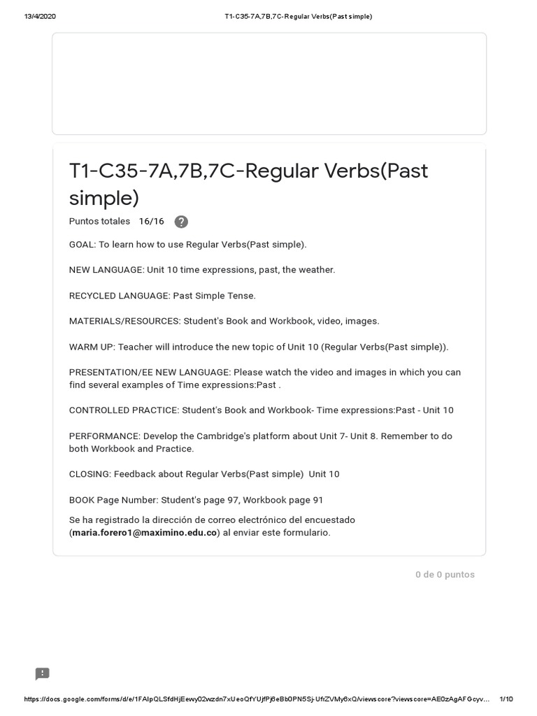 T1-C35-7A, 7B, 7C-Regular Verbs (Past Simple) PDF | PDF | Verb | Morphology