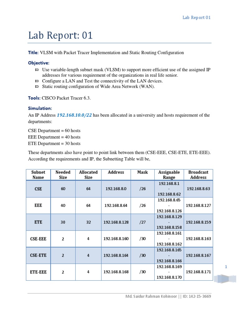 VLSM Static Routing Implementation With Packet Tracer PDF | PDF | Ip Address | Router (Computing)