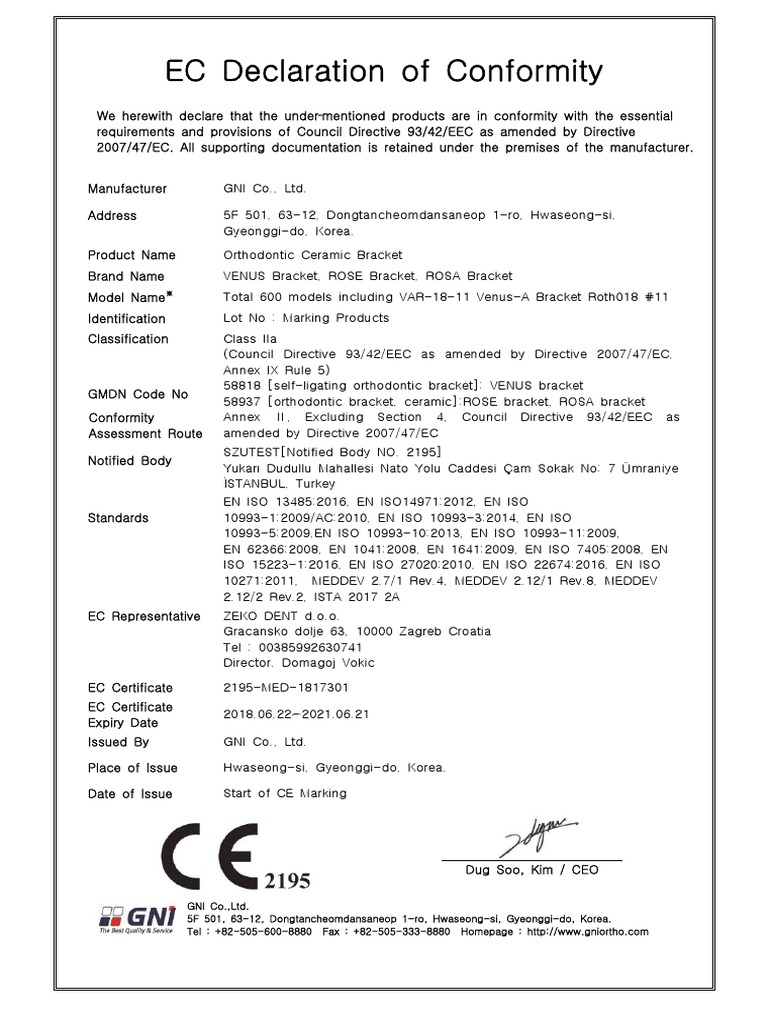 01 Declaration of Conformity - Ceramic Bracket | PDF | Evaluation ...