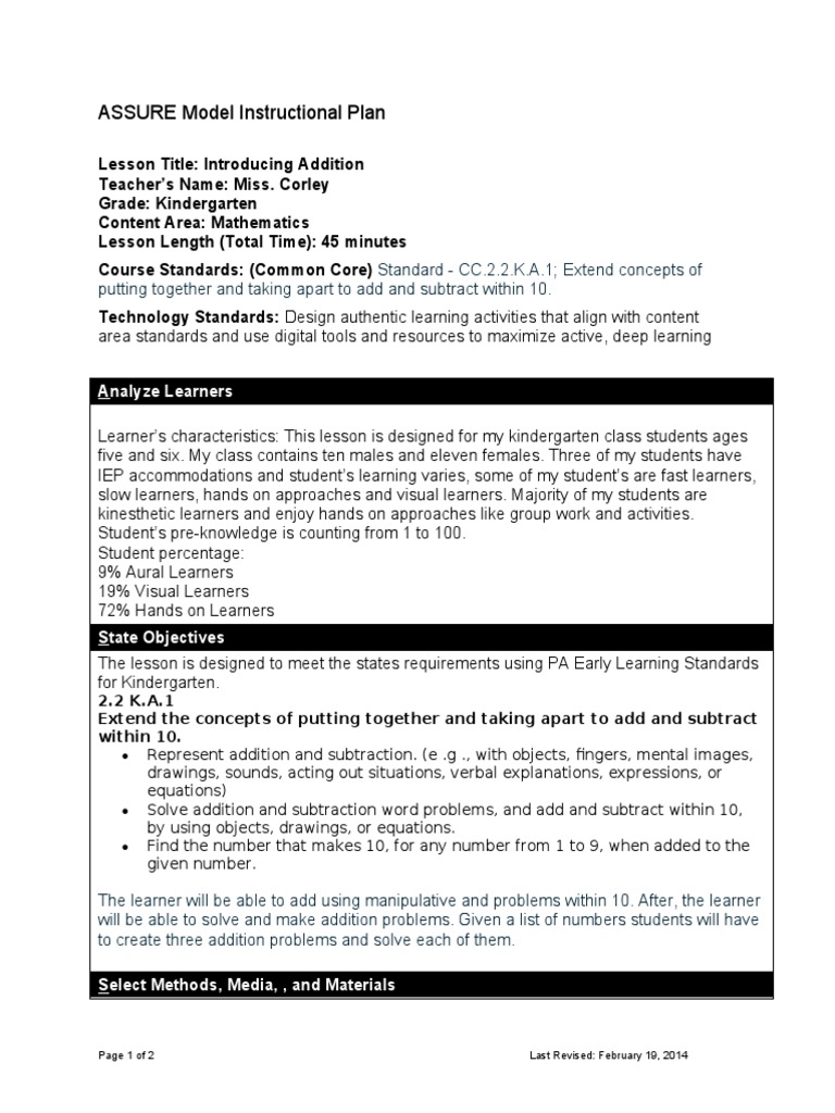 ASSURE Model Instructional Plan: Analyze Learners | PDF | Classroom ...