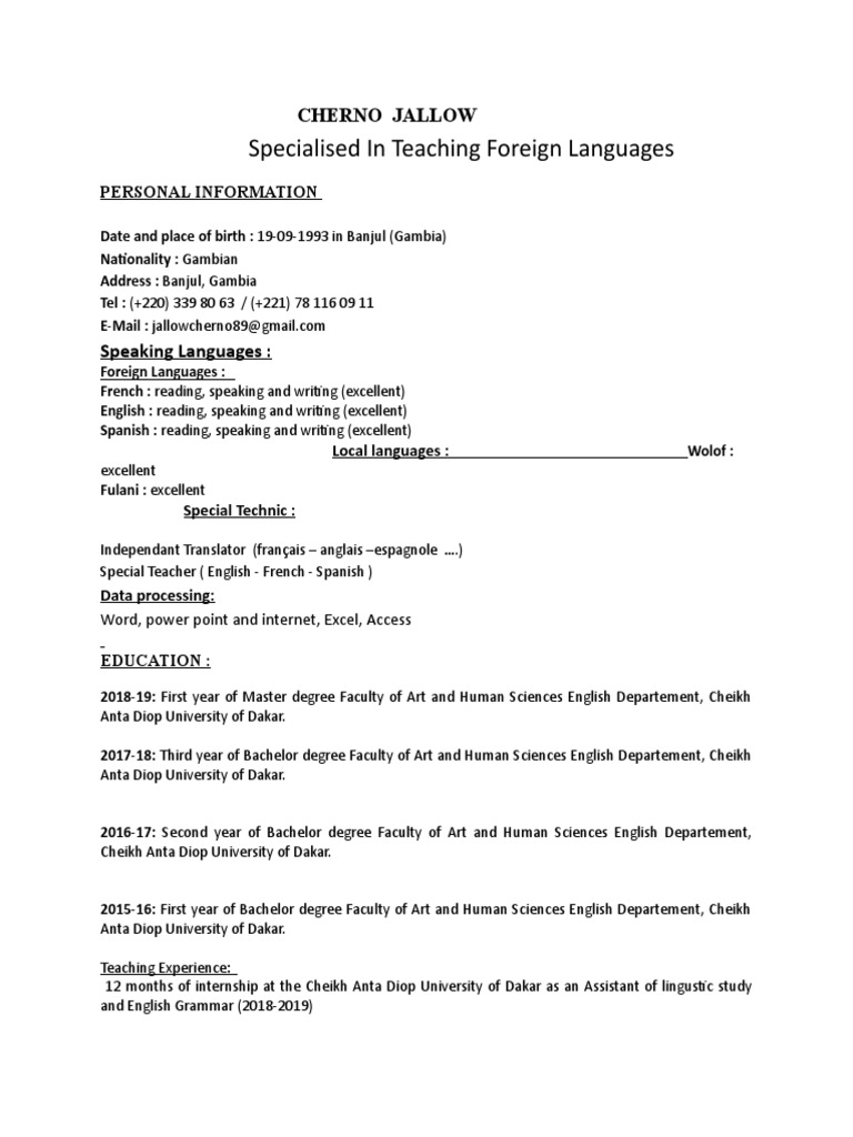 Specialised in Teaching Foreign Languages: Cherno Jallow | PDF