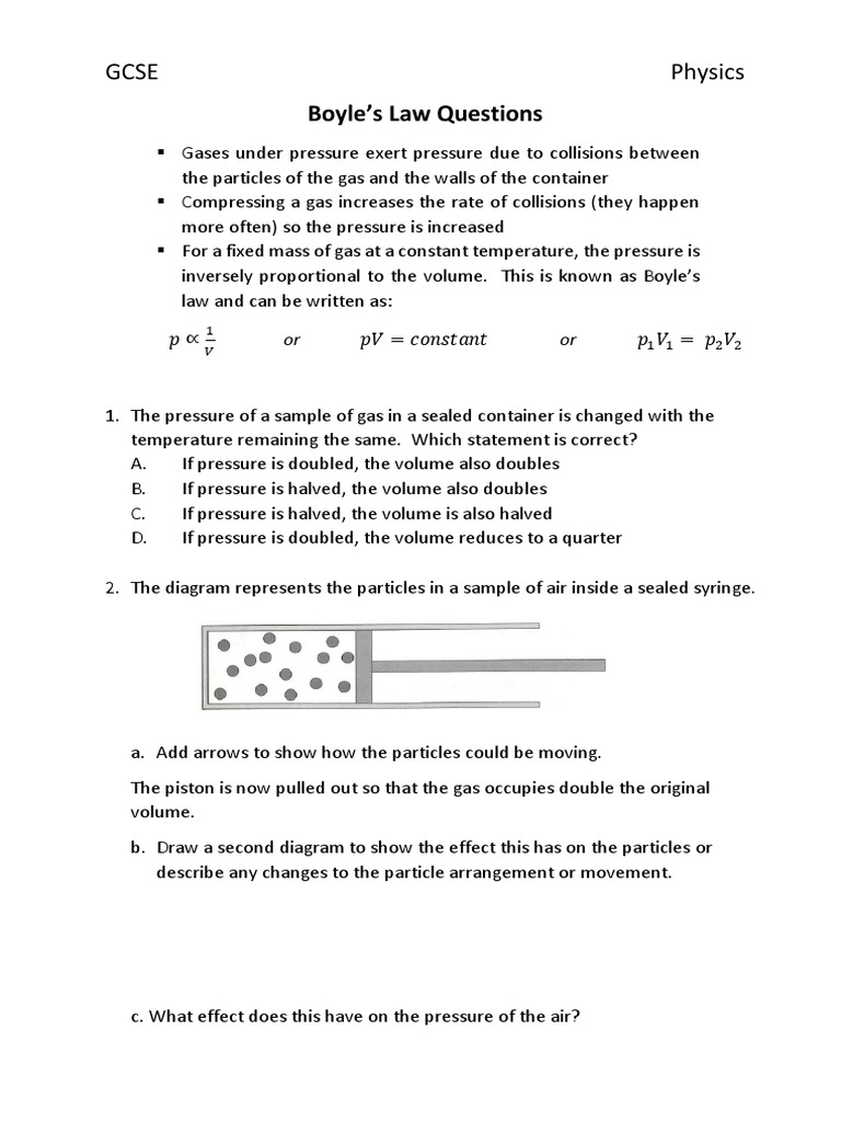 Boyle's Law Practice Questions and Solutions | PDF | Gases | Pressure