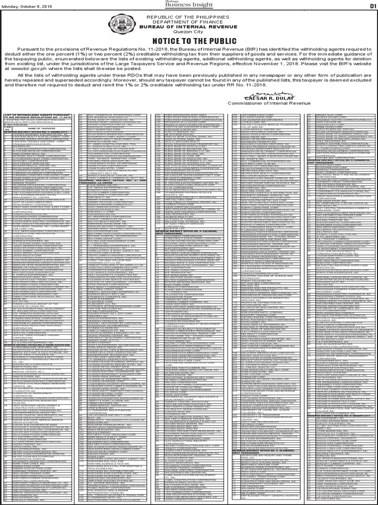 1 BIR List of Top Withholding Agents - Existing | PDF | Corporations ...