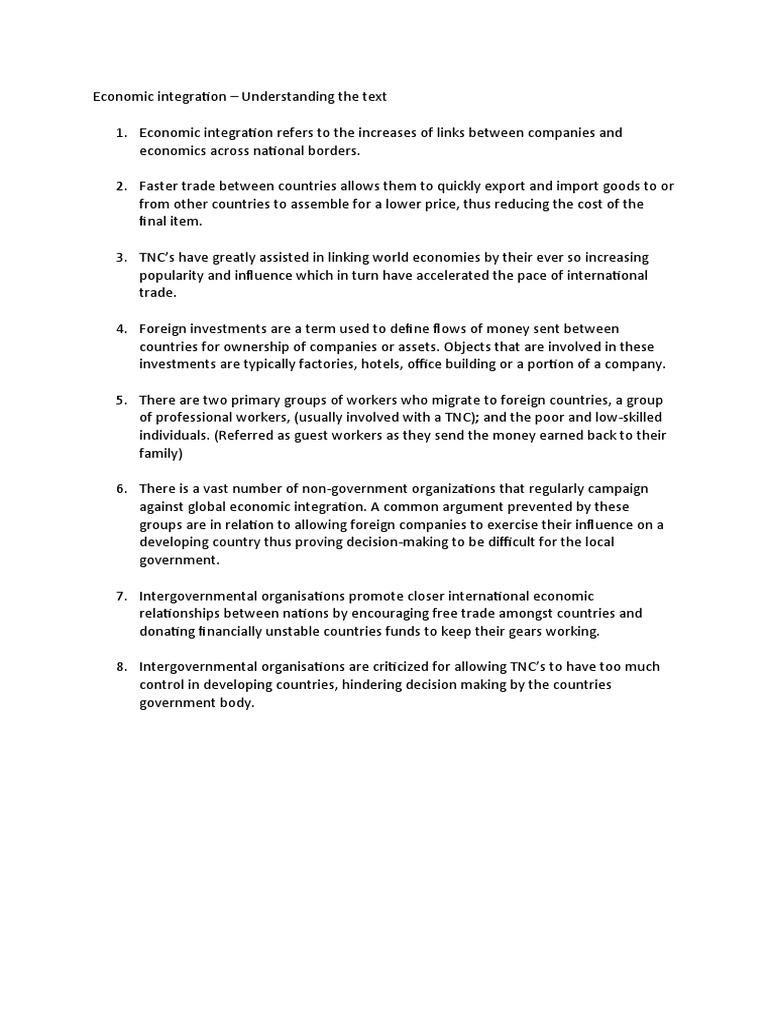 Economic Integration Understanding The Text Pdf